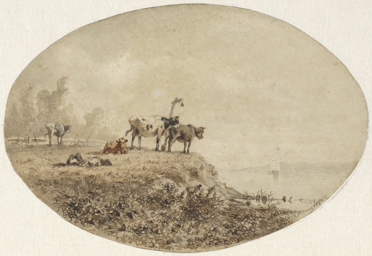 Cows by the Water, a Sailing Ship in the Distance