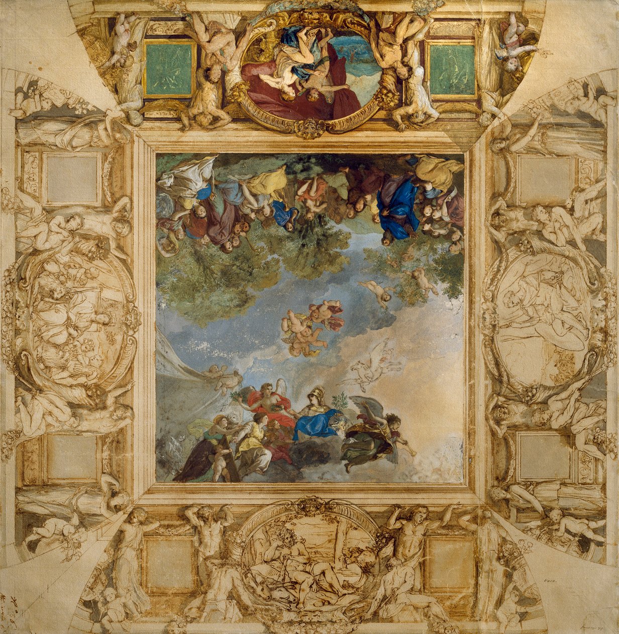 Apollo and Athena rewarding Talents and Minerva flanked by caryatids ...