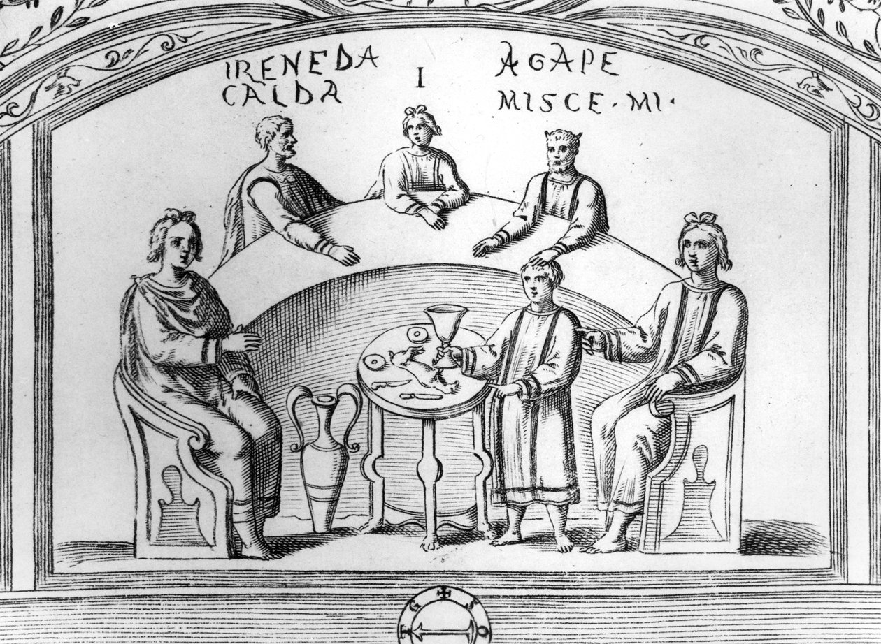 Banquet scene from an early Christian catacomb fresco in Rome ...