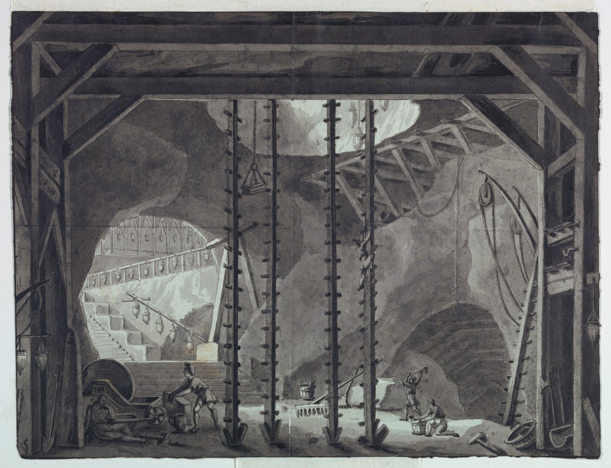 Stage Design, Men Constructing Building in Cave