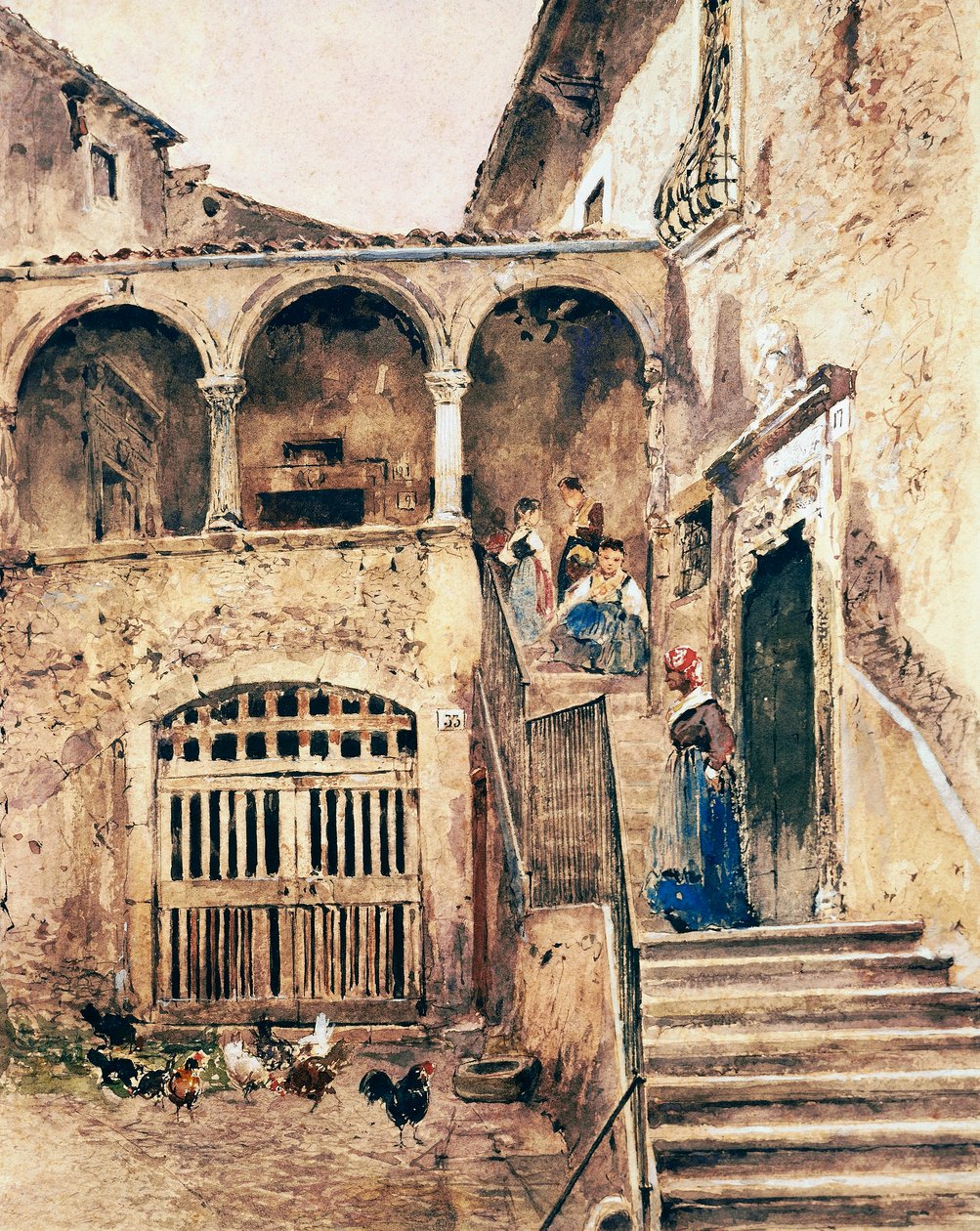 Inside Courtyard of Tenement by Antonio Mancini