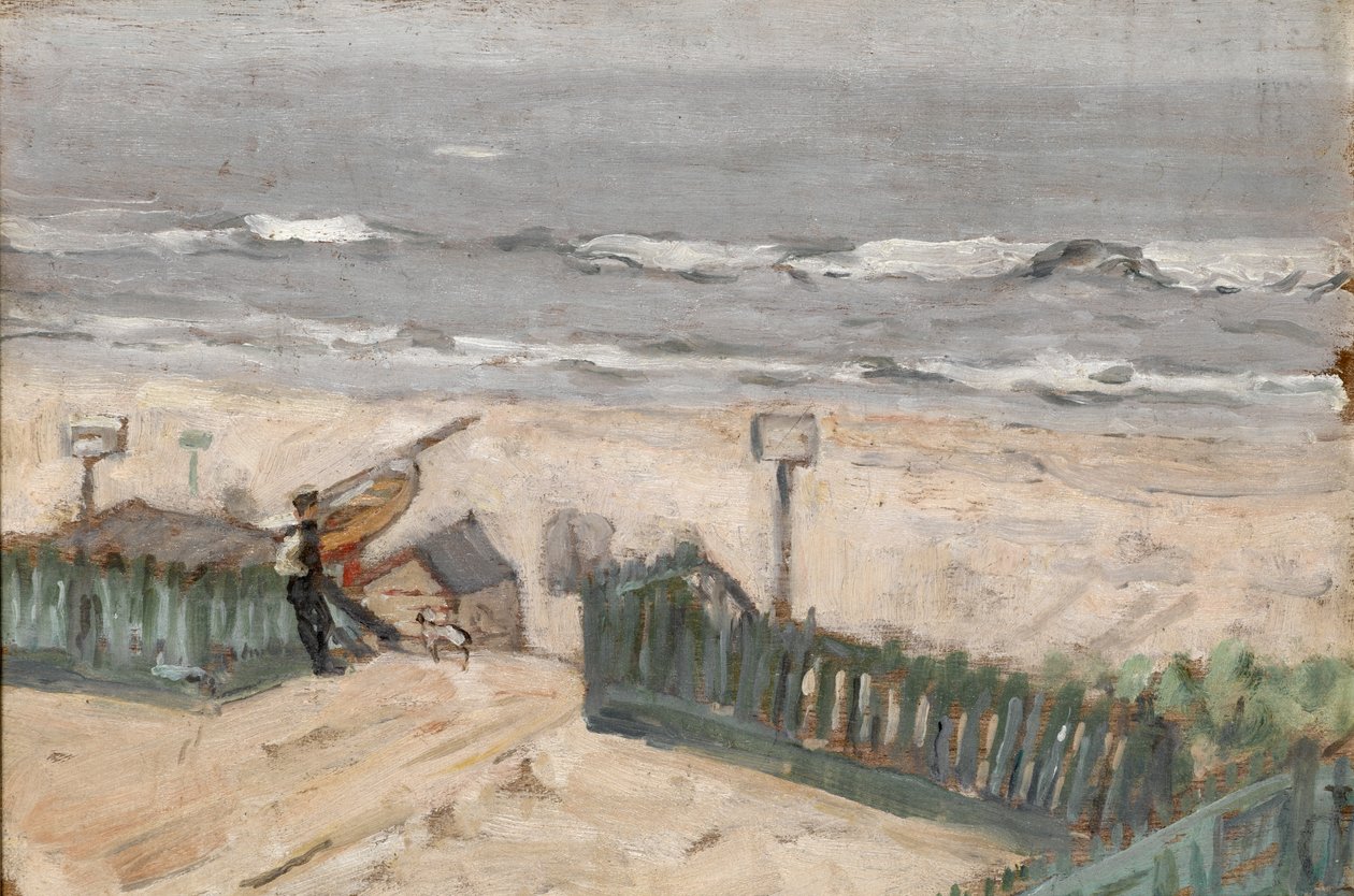 Bathing Huts with Fisherman and Dog