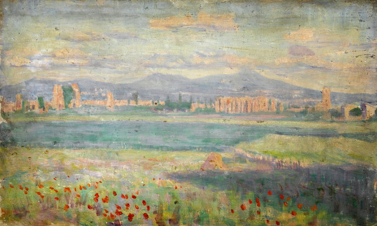 Mediterranean Landscape with Poppies in Foreground and Walled Town in ...