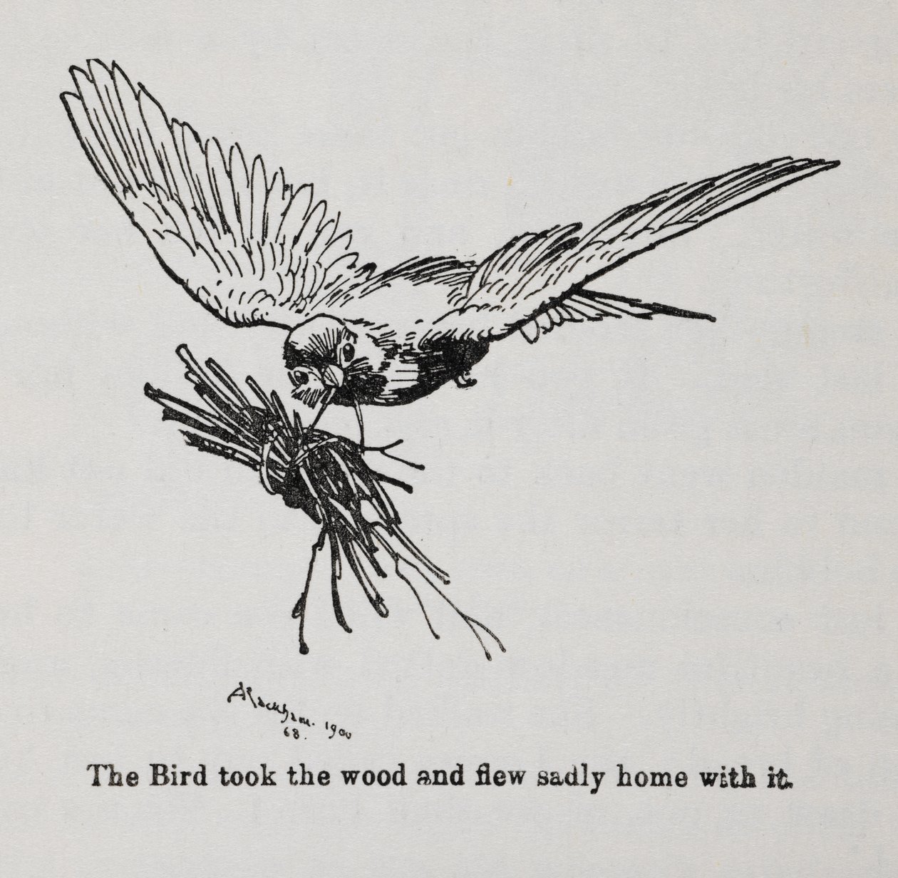 A bird carrying a bundle of twigs by Arthur Rackham