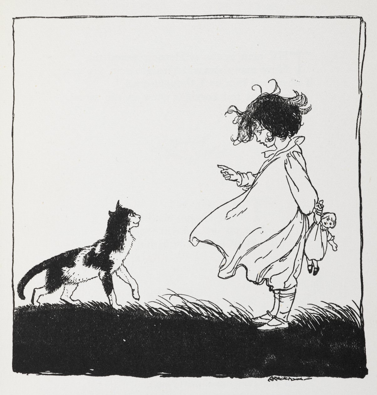 A girl with a doll tells off her cat by Arthur Rackham