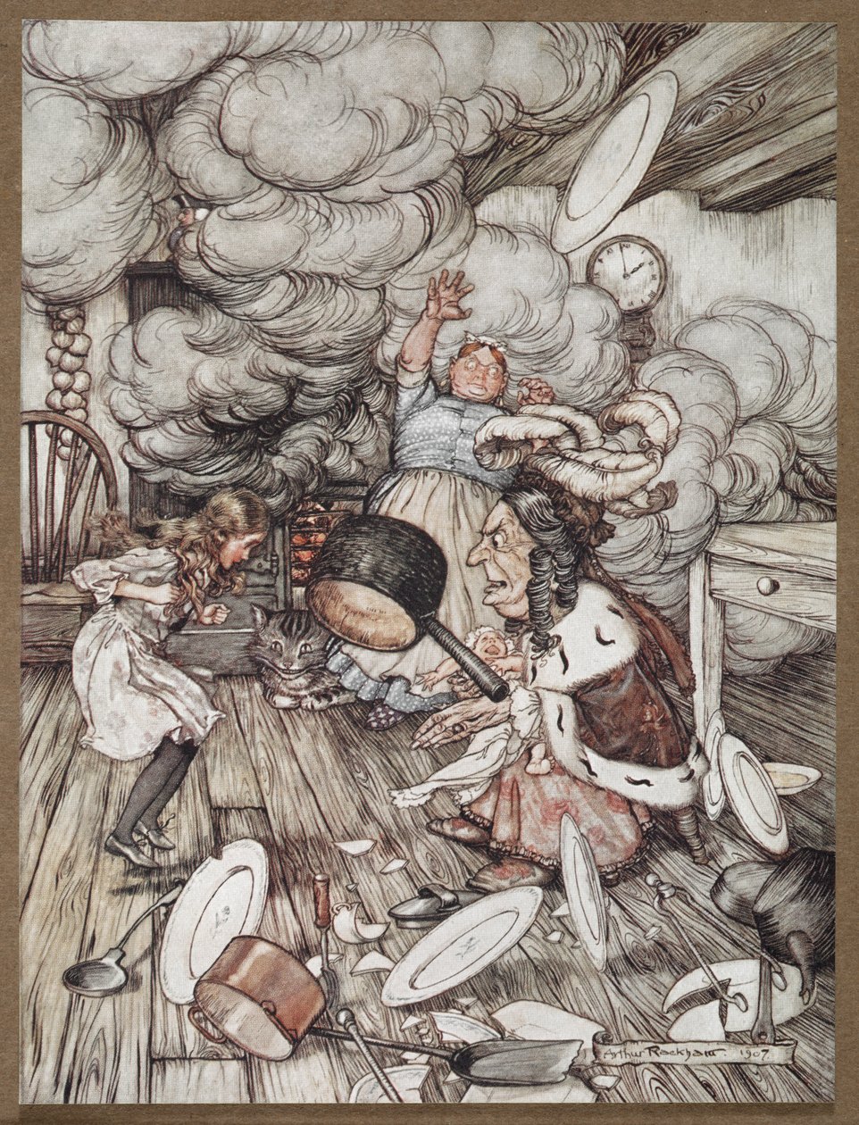 Alice in a kitchen with the Duchess, a cook and the Cheshire Cat