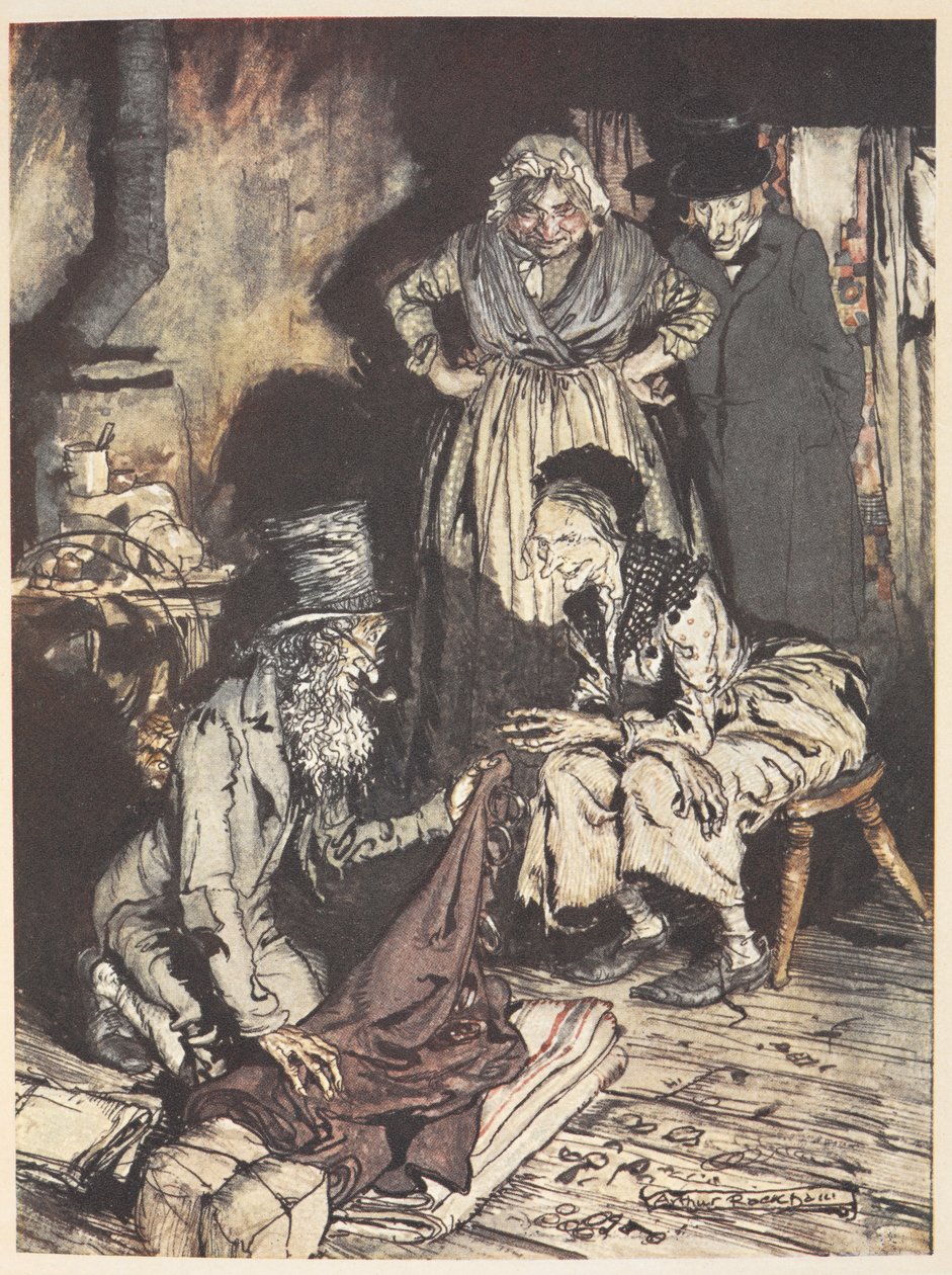 An old family inside their house with a man offering them curtains