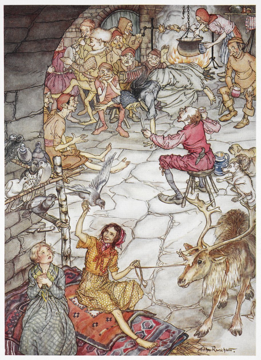 Gerda and the little robber girl in the robber's castle. Two young ...