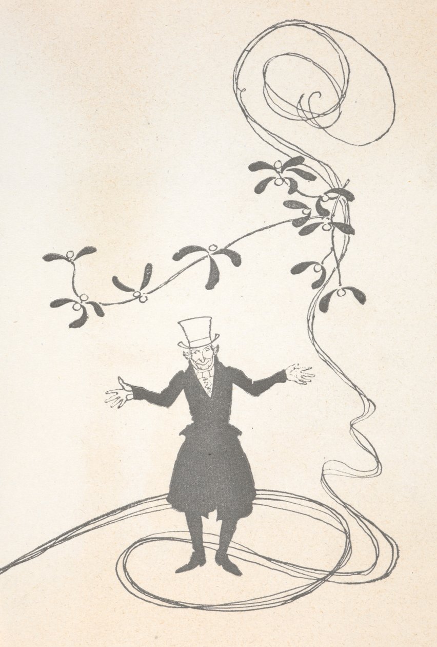 Illustration of Scrooge, depicted with a sprig of mistletoe looking happy