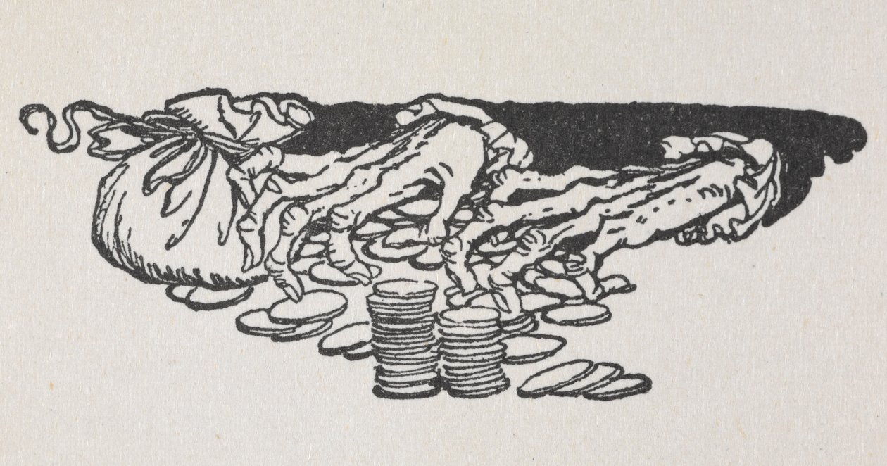 Illustration of Scrooge's hands counting money