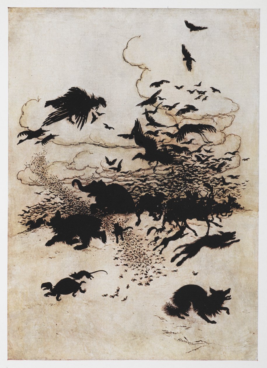 Illustration of a stampede of animals from The Wren and the Bear