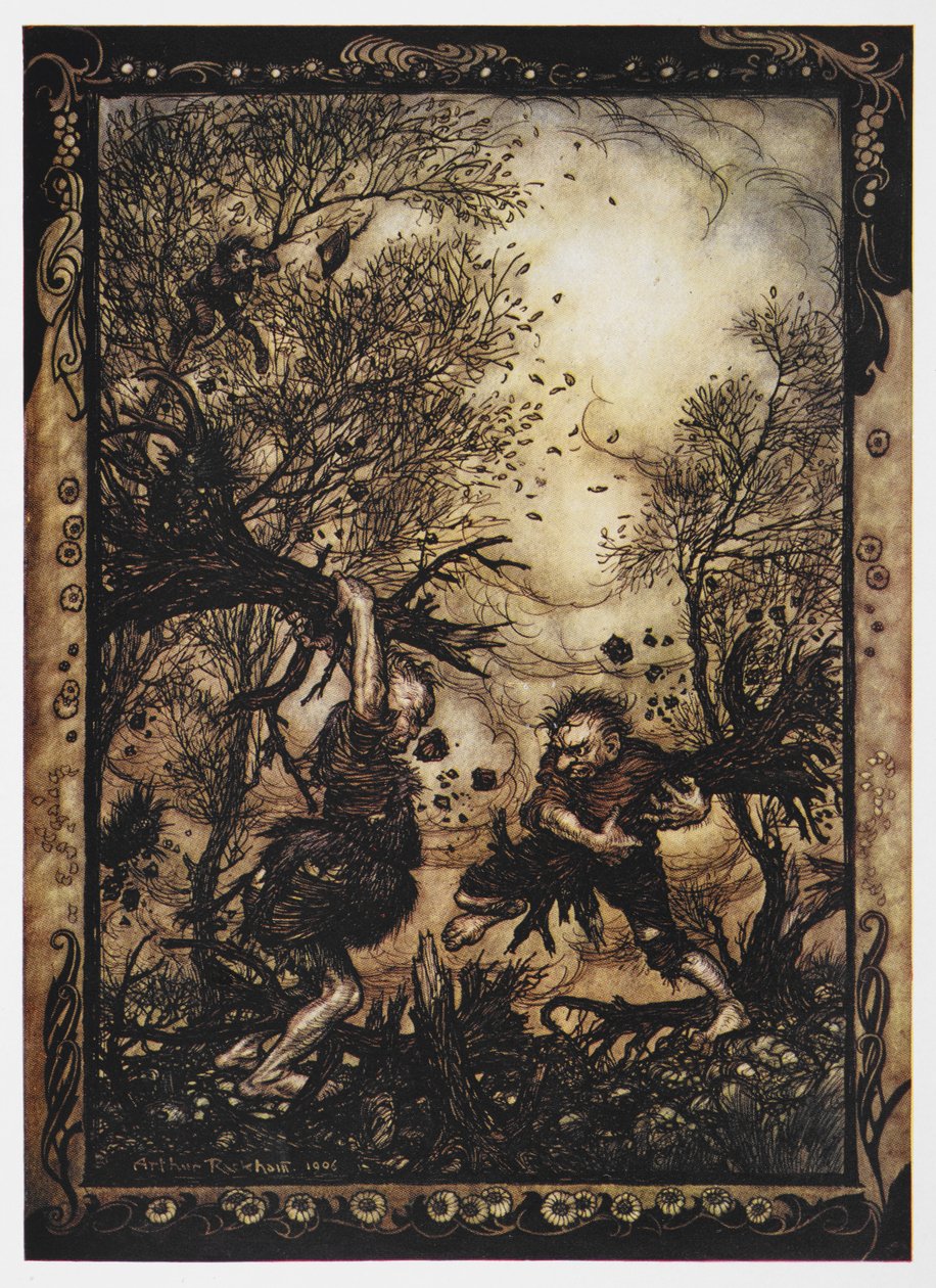 Illustration of Two Giants Fighting with Trees from The Valiant Tailor