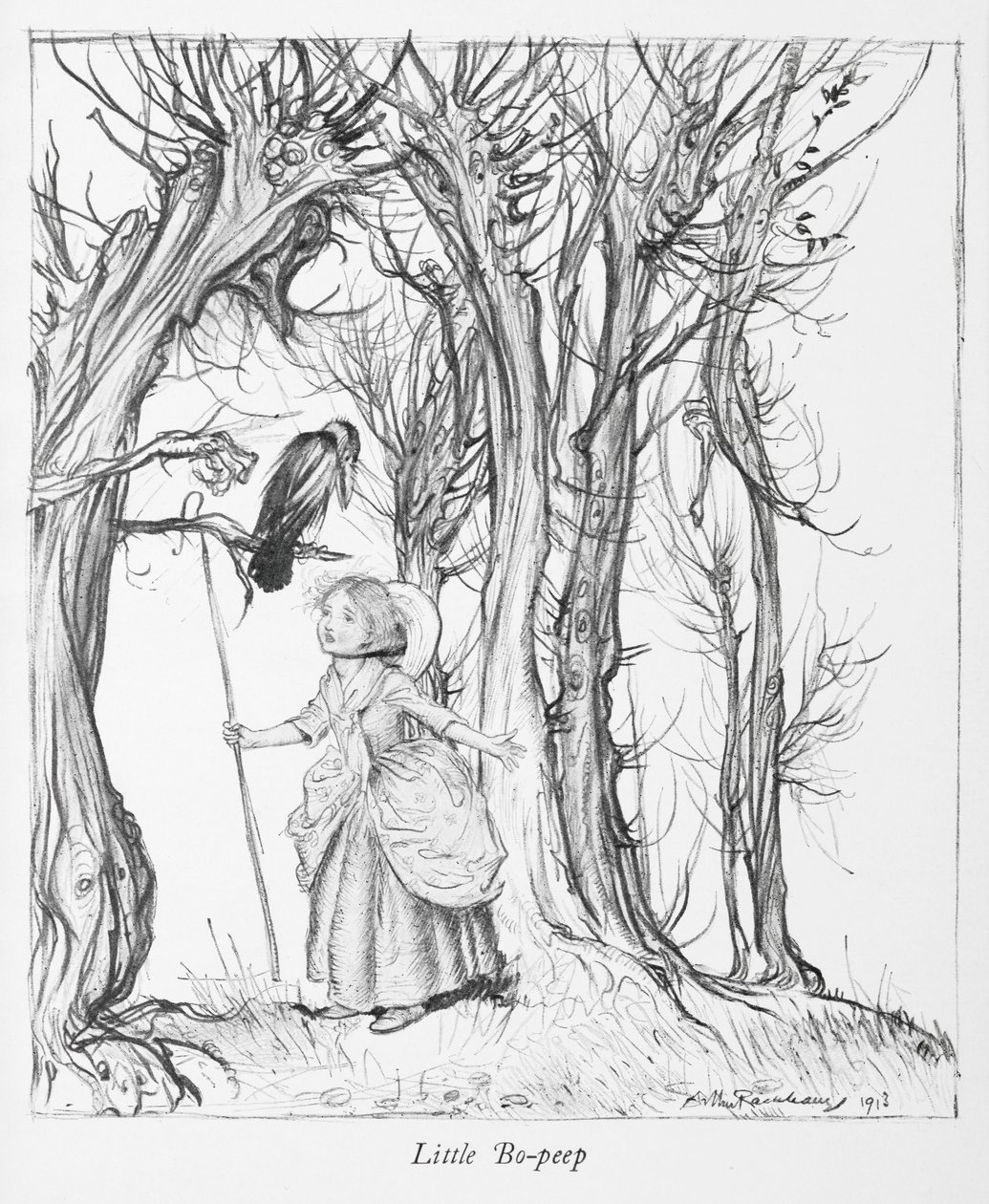 Little Bo-peep in a wood with a bird by Arthur Rackham