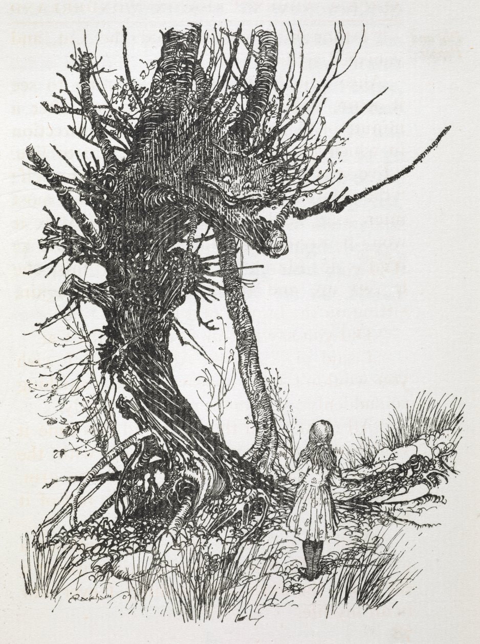 The Cheshire Cat in a Tree Looking Down at Alice