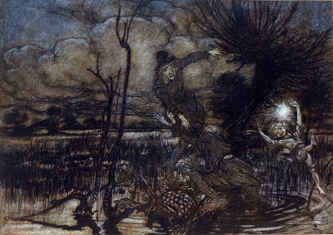 Two characters fail to drown in the swamp, Puck helps them with a fire ...