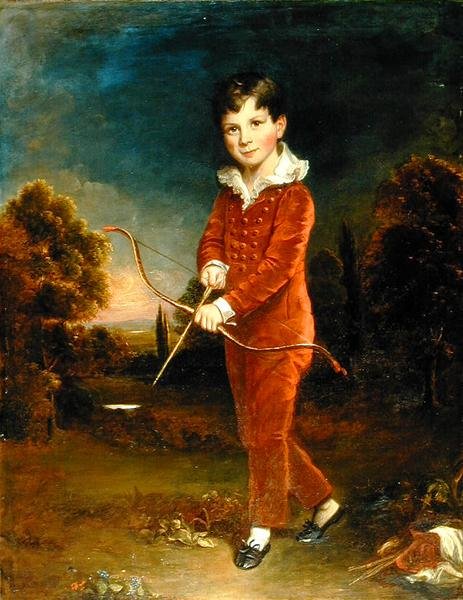 Portrait of a Young Boy in a Red Suit Holding a Bow and Arrow