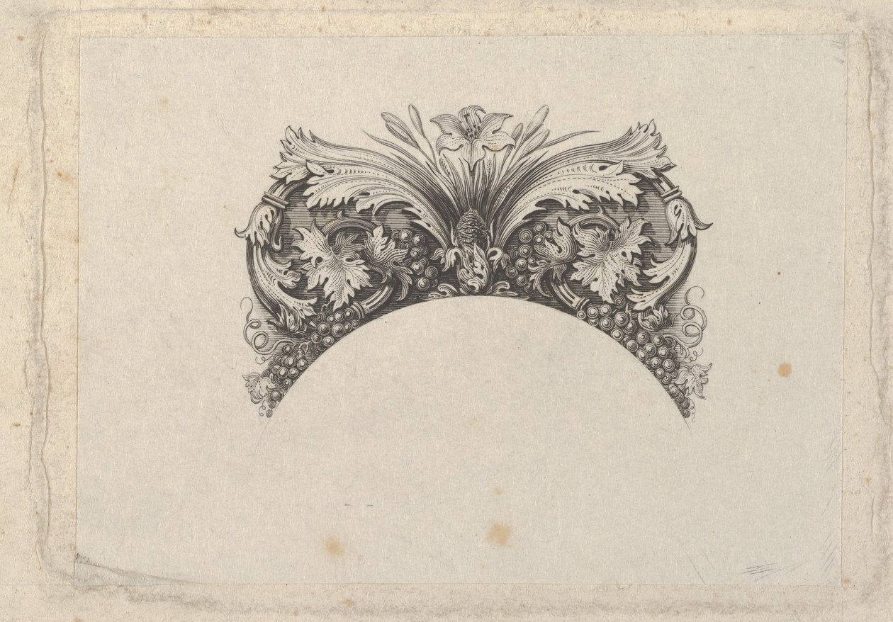 Arched Framing Element for Banknote, with Acanthus and Vine Leaves, Lily and Grapes