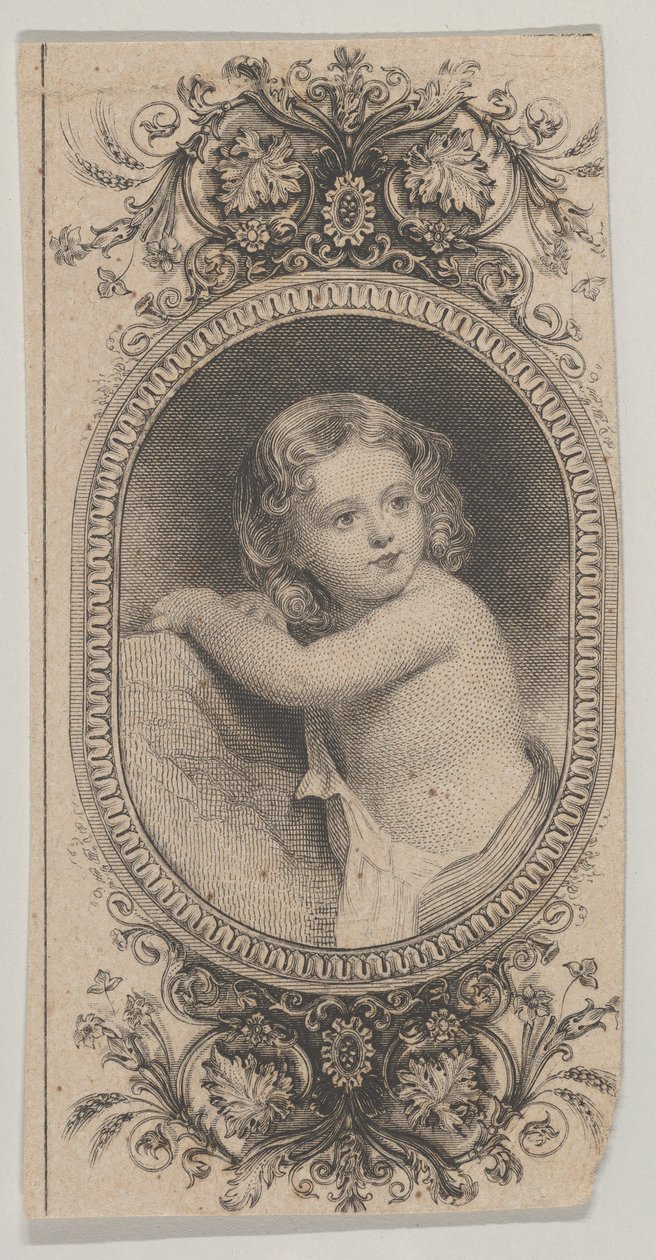 Banknote motif: a child's portrait and two patterned ovals surrounded ...