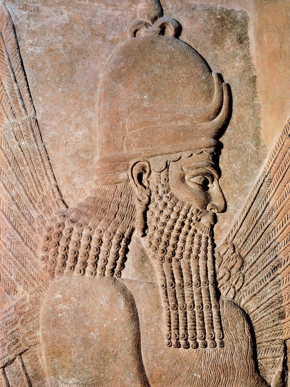 (Detail) of an alabaster relief representing a protective winged Genie ...