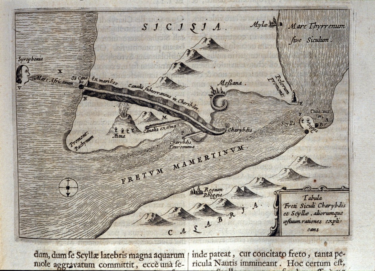 Cartographic representation of Charybdis and Scylla in the Strait of Messina, Sicily. Engraving ...