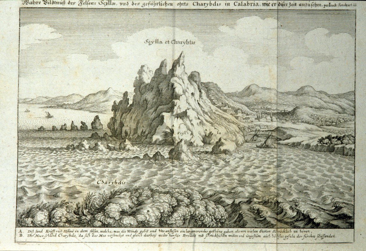 View of the rocks of Charybdis and Scylla in the Strait of Messina ...