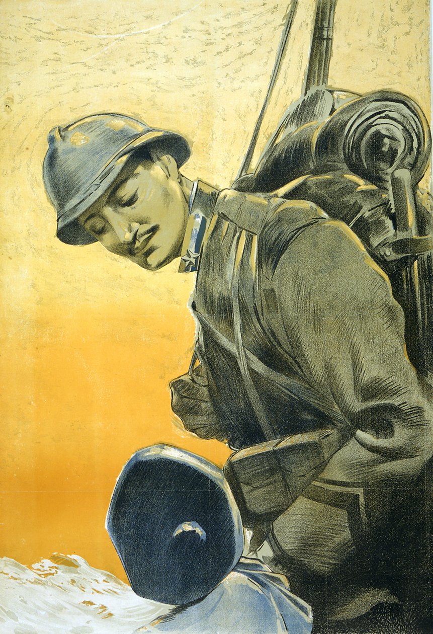 Italian World War I Poster shows a soldier looking down at his small ...
