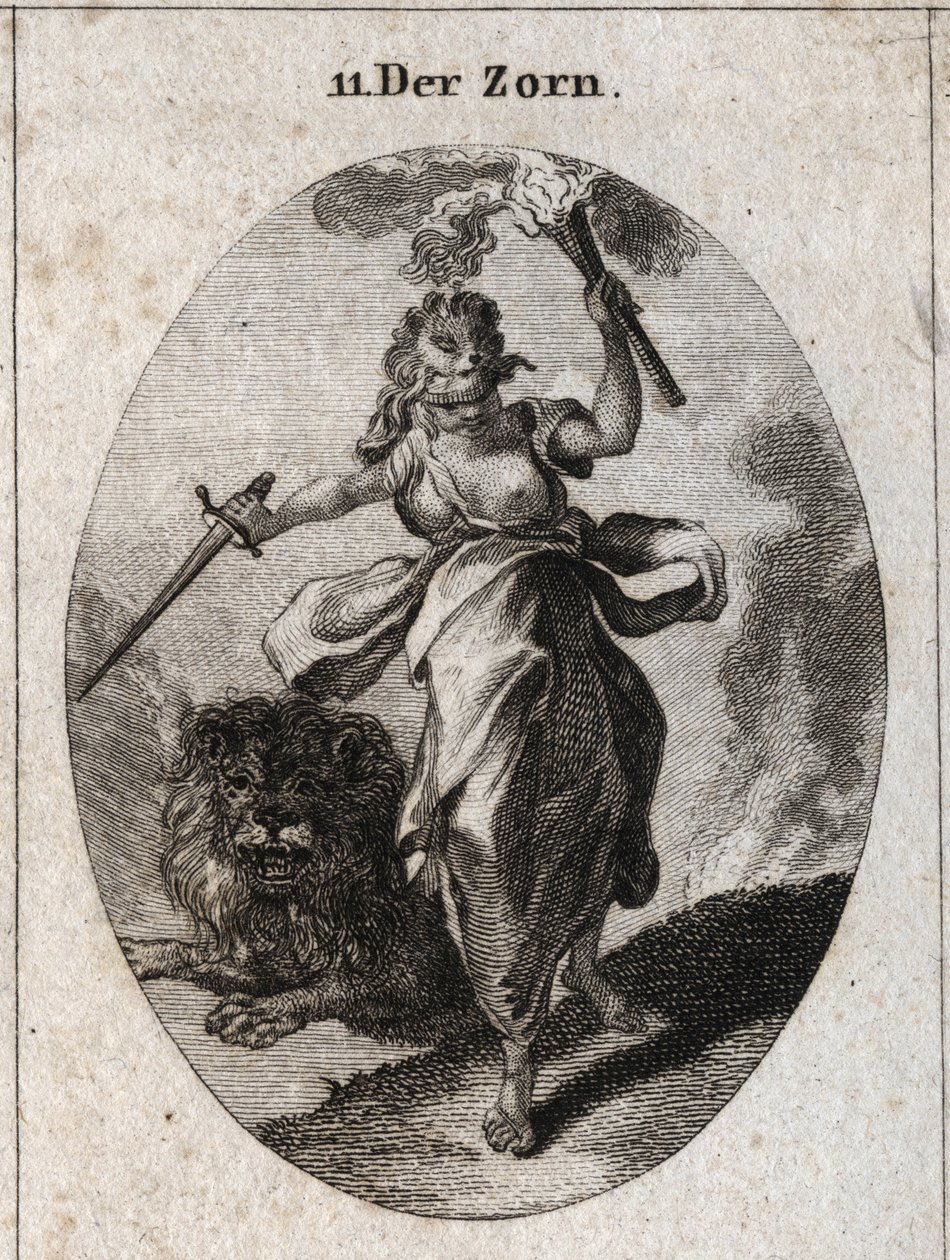 Allegory of Anger represented in a restless attitude, a blindfold, a ...
