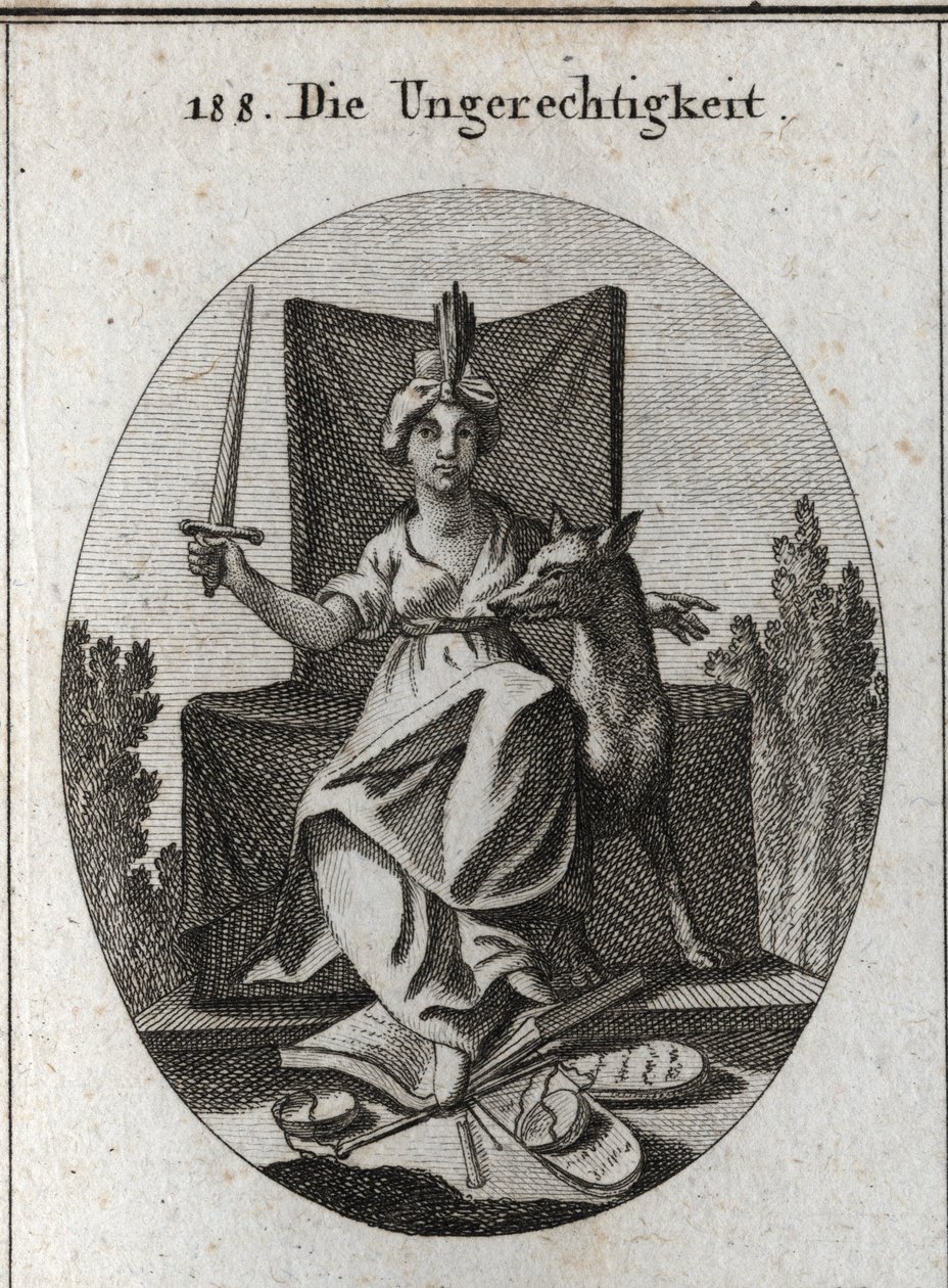 Allegory of injustice. She holds a sword that she raises and crushes at ...