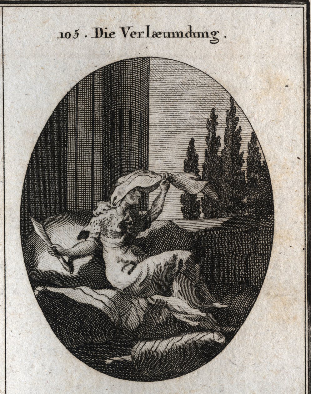 Allegory of slander represented by an idle and soft old woman sitting ...
