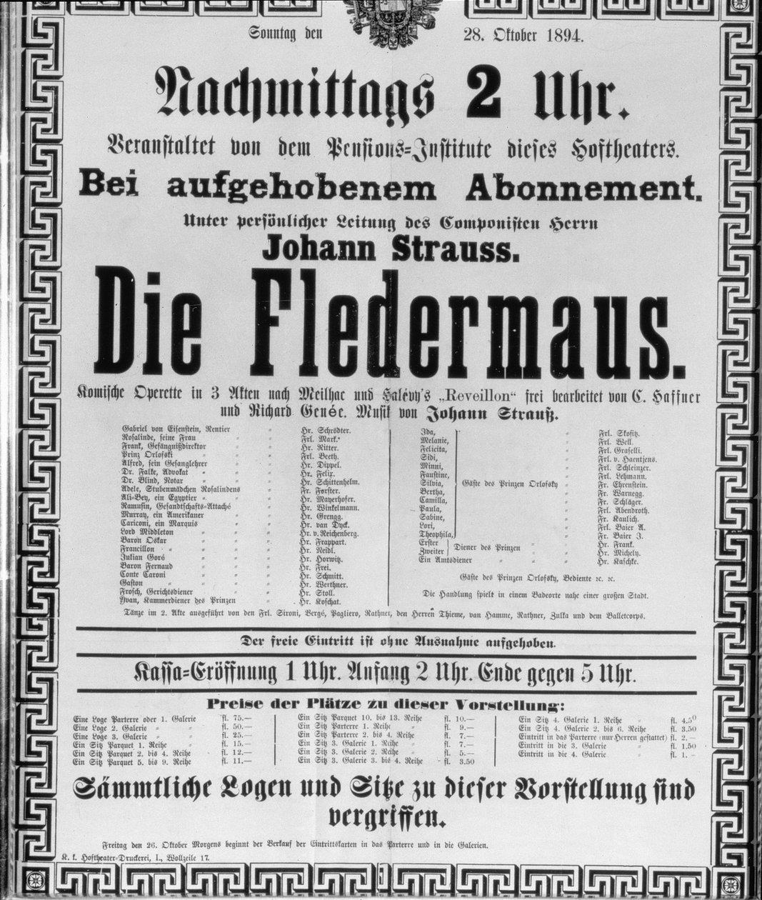 Poster Advertising 'Die Fledermaus' by Johann Strauss the Younger, for ...