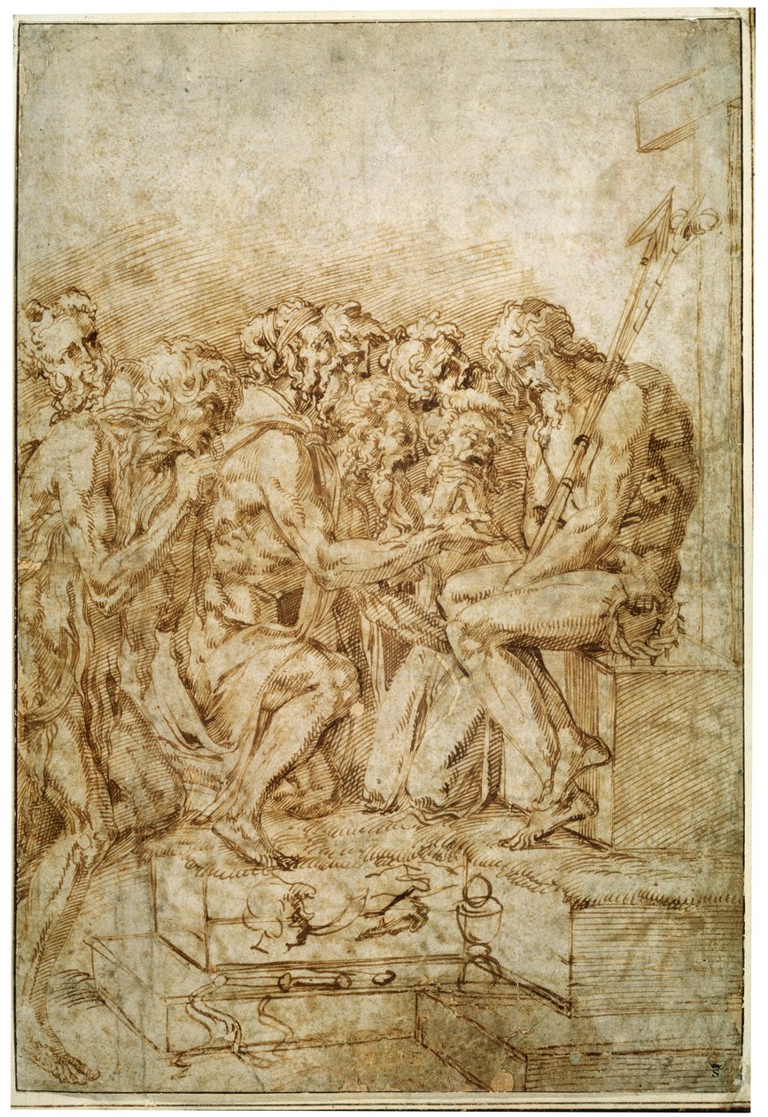 Christ with Symbols of Passions attended by seven Figures