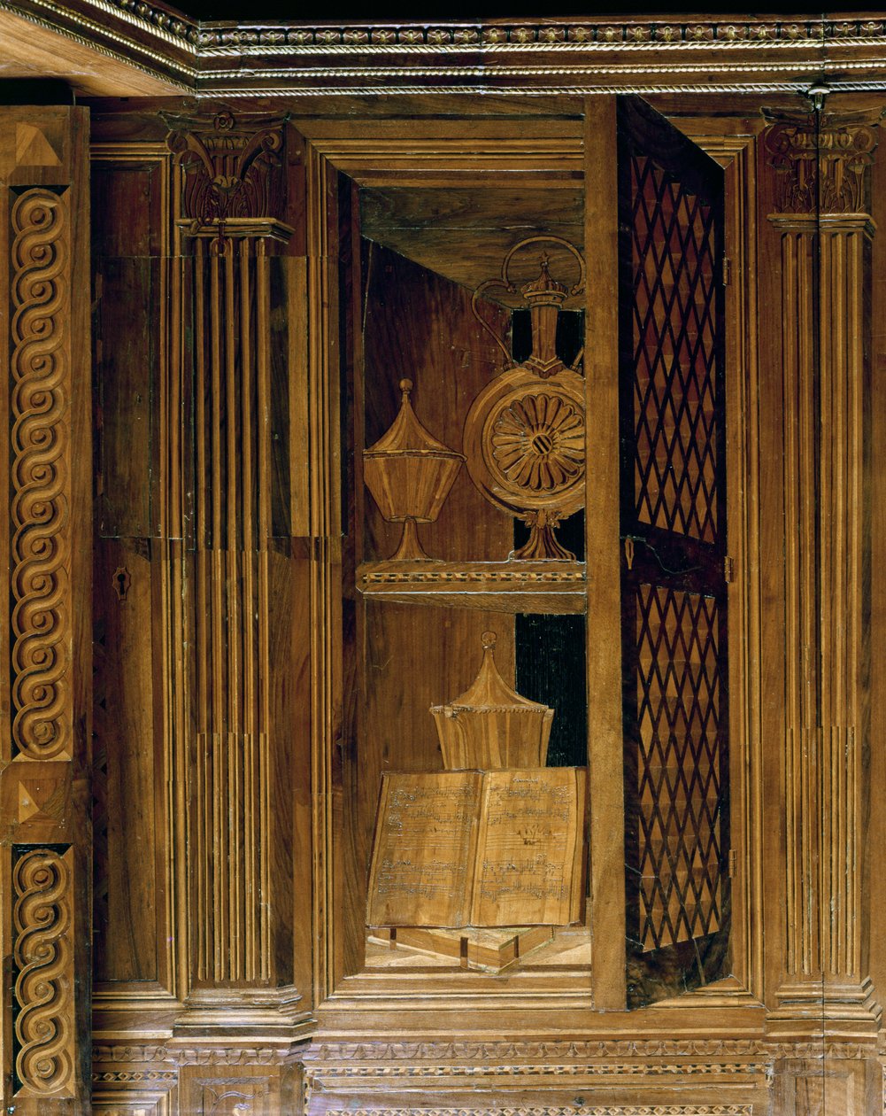 Intarsia Panelling Depicting a Cupboard with a Latticework Door, in the ...