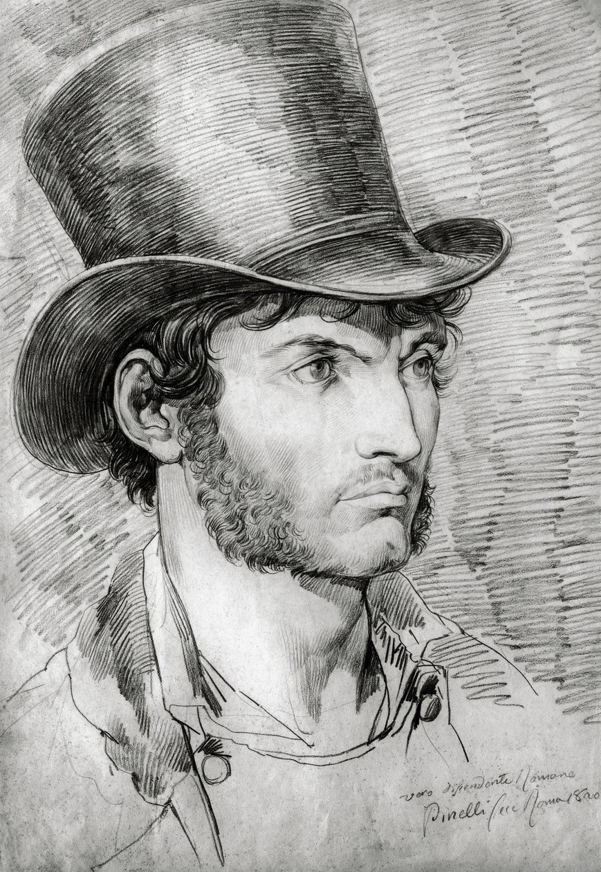 Male Portrait (True Roman), Drawing by Bartolomeo Pinelli (1781-1835)