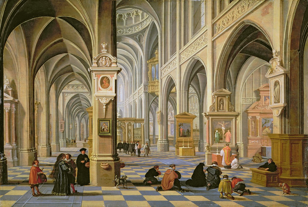 Church Interior with People at Prayer and a Small Procession