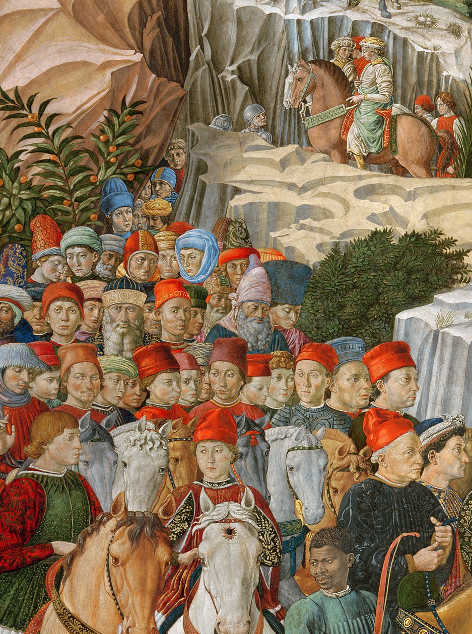 Faces in the procession, including a self portrait by Gozzoli, detail ...