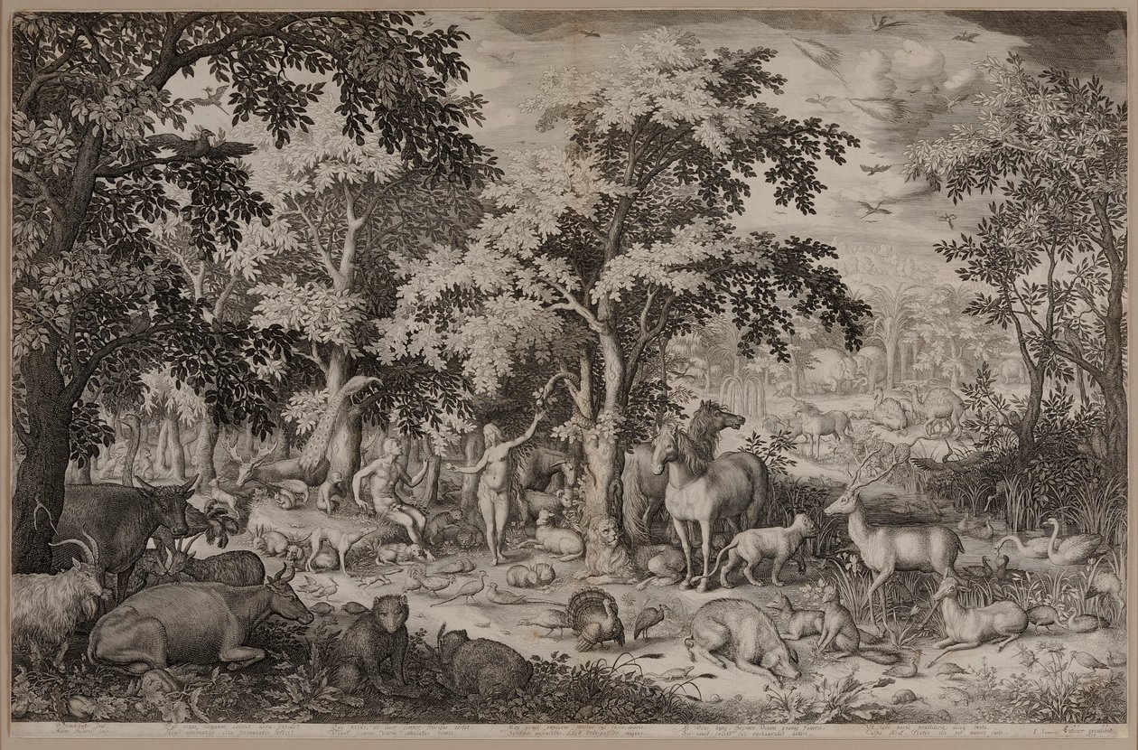 Adam and Eve in the Garden of Eden Surrounded by Trees and Wildlife