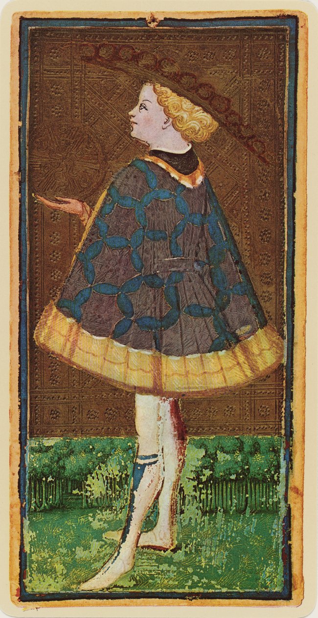 The Knave of Coins, facsimile of a tarot card from the 'Visconti' deck