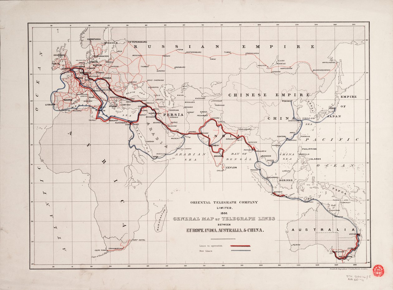 General Map of Telegraph Lines Between Europe, India, Australia, and China