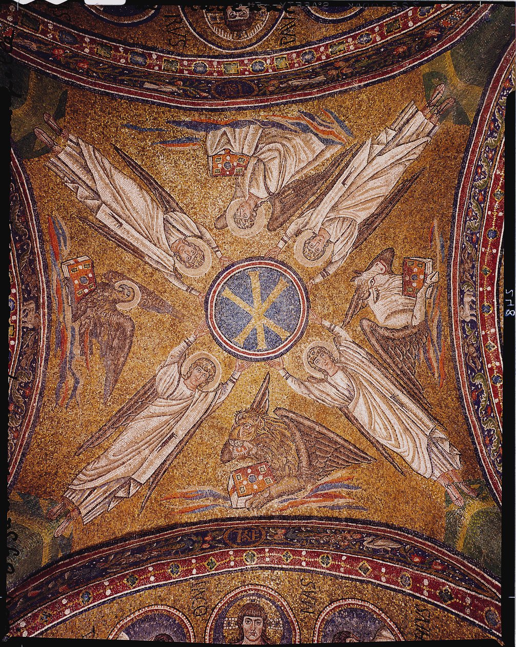 Four angels with the symbols of the evangelists surrounding the chi-rho ...