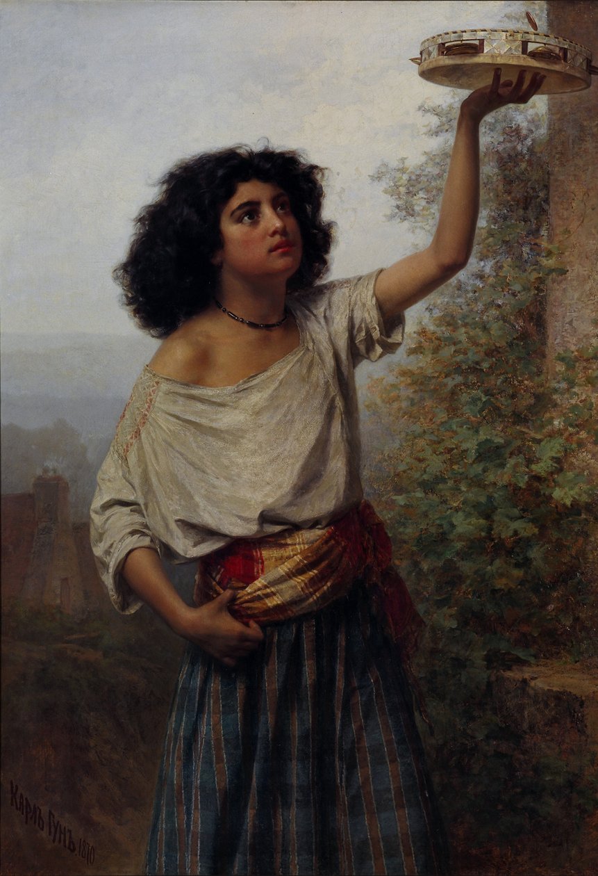 A Young Gypsy Woman with a Tambourine by Carl Huns