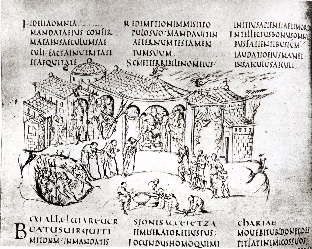 Various scenes illustrating a psalm, from the Utrecht Psalter, copy of ...