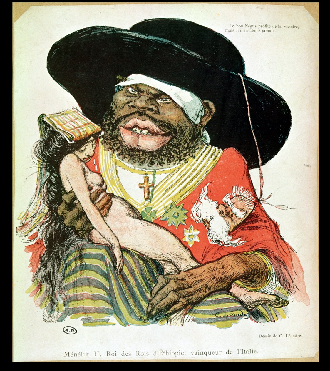 Caricature of the Negus of Ethiopia, Menelik II, from 'le Rire' magazine