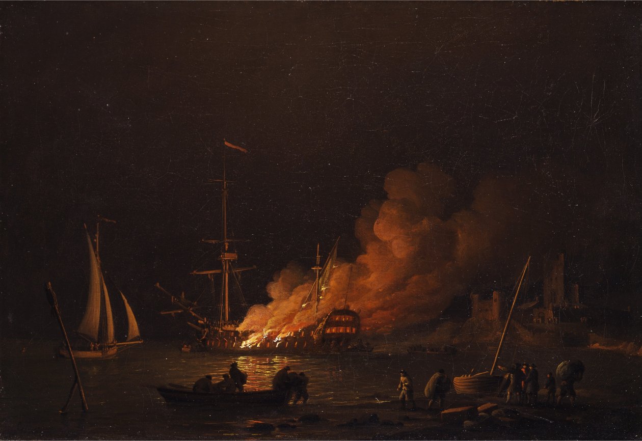 Ship on Fire at Night by Charles Brooking: Fine art print