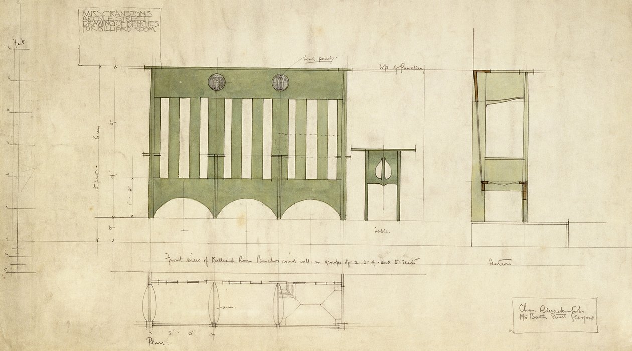 Design for benches and a table, shown in elevation and section plan