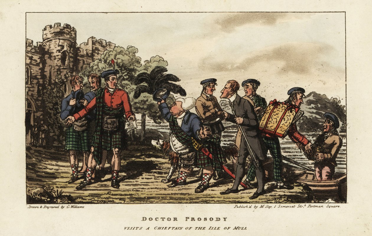 English tourist in a tartan kilt meeting a clan chieftain outside a ...