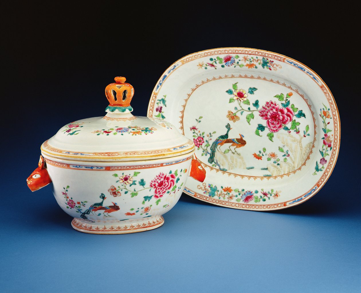 Tureen, cover and stand painted with the Double Peacock pattern ...
