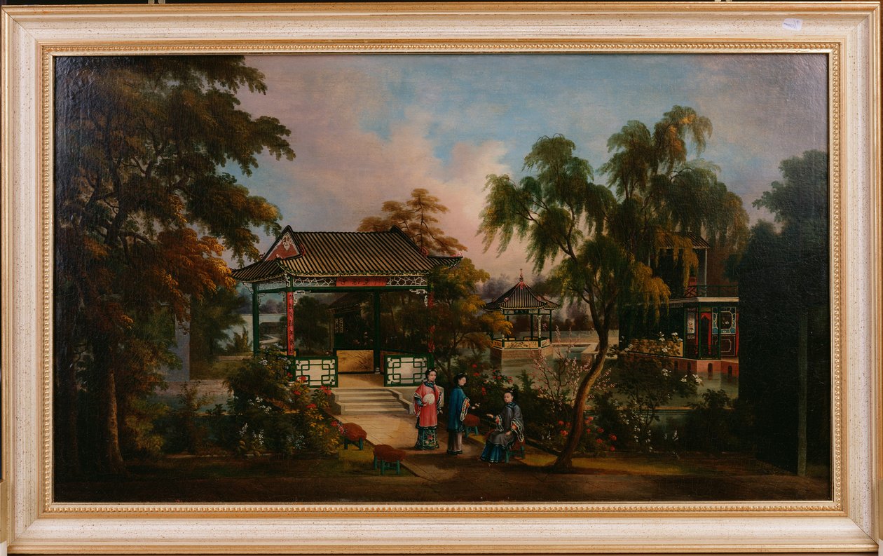 View of Howqua's Garden in Canton with Ladies by a Pavilion