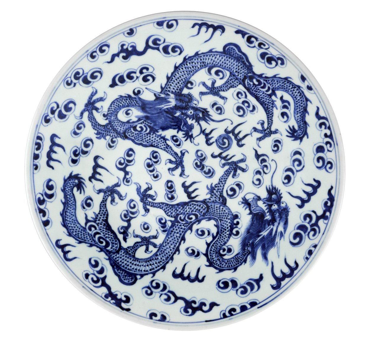 White and Blue Plate with Two Four-Clawed Dragons and Stylized Flames ...