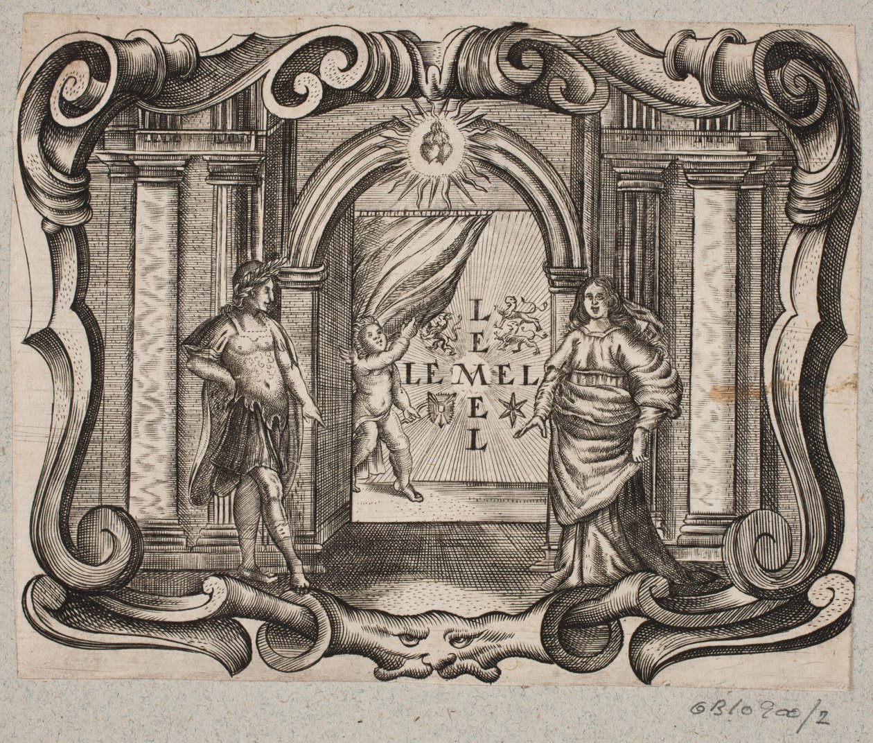 Emblem with Portal, Man and Woman, Cupid and Two Burning Hearts
