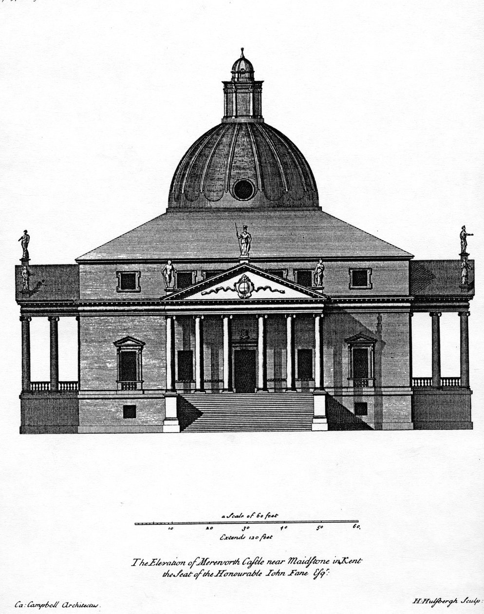 Elevation of Mereworth Castle (engraved by H. Hulsbergh, c.1722-24)